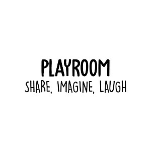 Vinyl Wall Art Decal - Playroom. Share, Imagine, Laugh - 10" x 30" - Trendy Cute Fun Positive Quote Sticker for Kids Bedroom Living Room Playroom Nursery Baby Room Daycare Classroom Decor (Black)