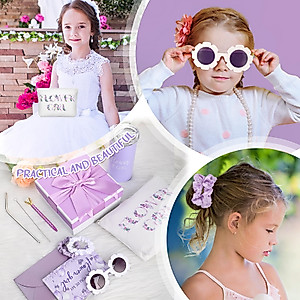 Sieral 9 Pcs Flower Girl Proposal Gifts Set Personalized Flower Girl Tumbler with Straw Bride Gift Box Canvas Bag Sunglasses Hair Ring Diamond Pen Envelope Bride Gift for Wedding(Purple,Retro)