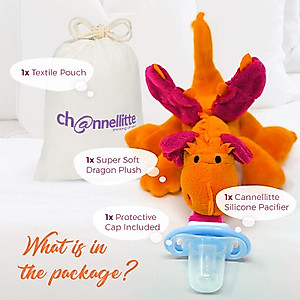 Baby Pacifier Holder Stuffed Animal with Detachable Binky – Fits All Baby Pacifiers with Ring for 0-6 Months & Up – Easy-To-Find Stuffed Animal Pacifier – Soft Dragon Pacifier Stuffed Animal Plush Toy