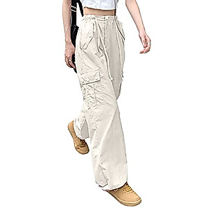 Rolanko Girls Parachute Pants, Cargo Pants for Girls Baggy Y2K Loose Jogger Trousers with Pockets for Kids (Beige, 8-10)