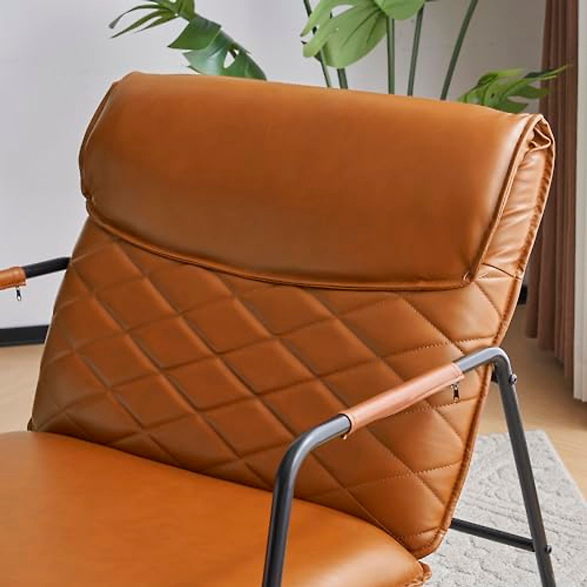 Penifun Accent Chair and Ottoman Set, PU Leather Upholstered Comfy Side Leisure Lounge Armchair with Metal Frame & Lattice Back, Footstool for Living Room, Orange