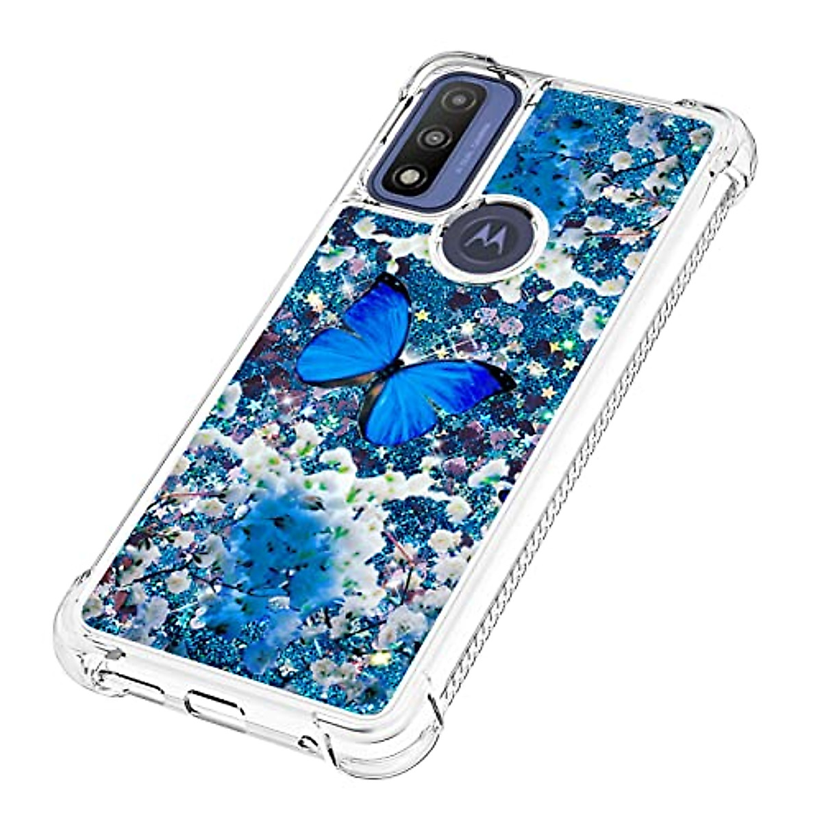 CAIYUNL for Moto G Pure Case with Glass Screen Protector,Moto G Power 2022 Case Glitter Bling Floating Liquid Cute Women Girls Soft TPU Phone Case Cover for Motorola G Pure/G Power 2022-Blue Butterfly