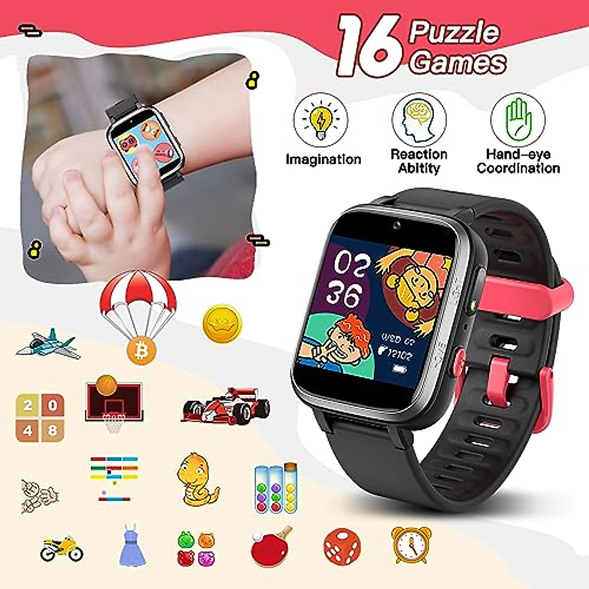 Butele Kids Games Smartwatch MP3 Player Music Watch, Kids Smart Watch with 16 Games, Flashlight,Alarm Clock, Camera, Kids Watch Birthday Gift for Boys Girls 4-16（Black）