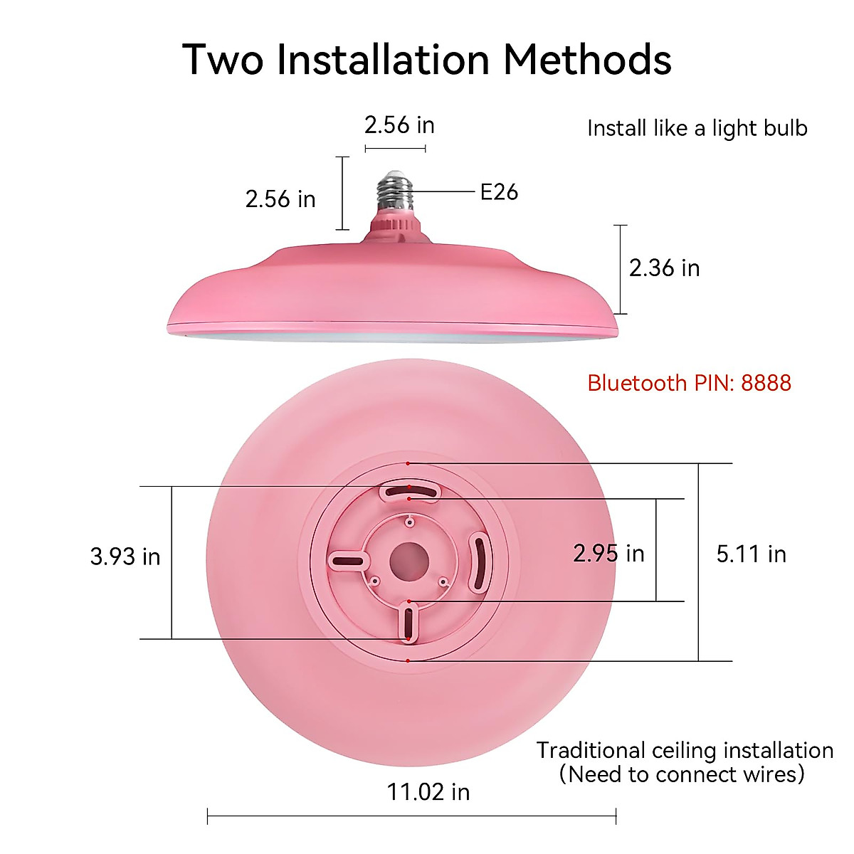 ASALL Pink Waterproof LED Ceiling Light Fixture,Music Ceiling Lamp,with Bluetooth Speaker,11Inch 18W, 2700K-6500K Dimmable RGB Color Changing Light with Remote Control,Suitable for Girls' Room