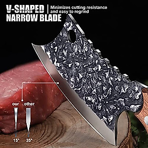 Huusk Japan Knife Hand Forged Meat Cleaver for Meat Cutting Bundle with Knife with Sheath for Kitchen, Camping Thanksgiving