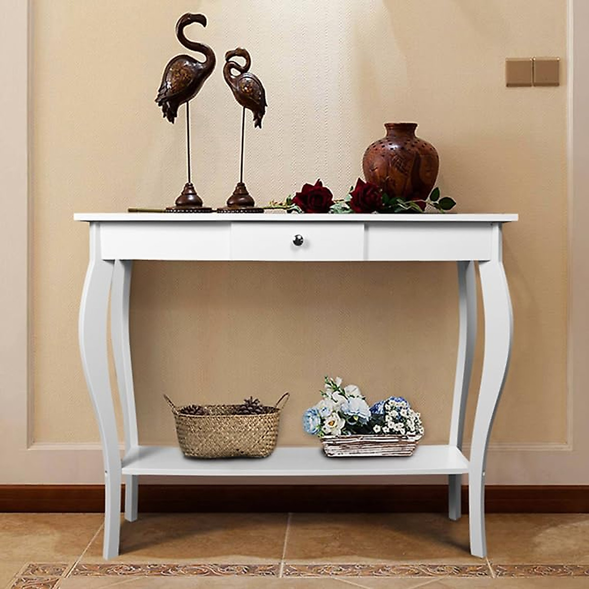 ChooChoo Narrow Console Table with Drawer, Chic Accent Sofa Table, Entryway Table, White