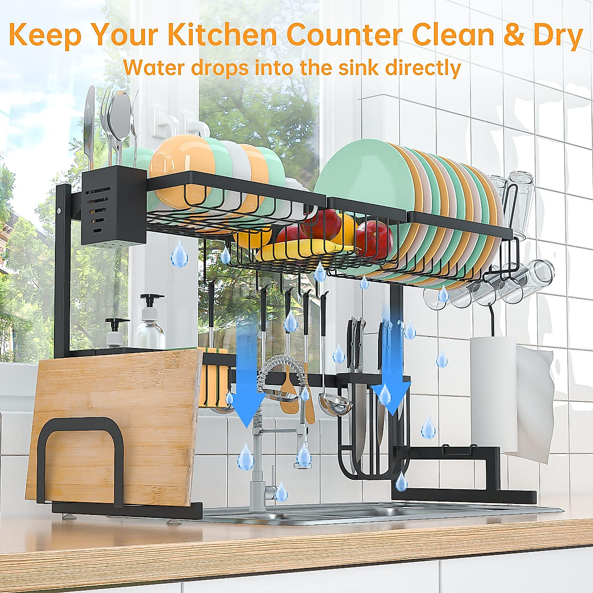 Beacron Over The Sink Dish Drying Rack, Width Adjustable(33.46''-41.33'') 2 Tier Stainless Steel Dish Drying Rack, Large Capacity Dish Rack for Counter Kitchen Storage Organizer and Space Saver