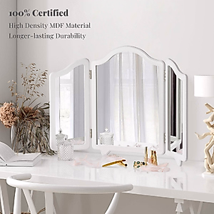 LUXFURNI Hollywood Large Vanity Trifold Makeup Mirror, 3 Side Folding Tabletop Mirror (White)