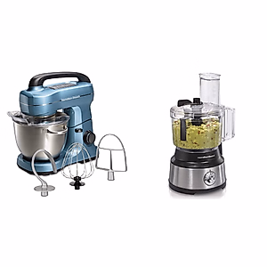 Hamilton Beach Electric Stand Mixer, 4 Quarts, Blue & Food Processor & Vegetable Chopper for Slicing, Shredding, Mincing, and Puree, 10 Cups - Bowl Scraper, Stainless Steel