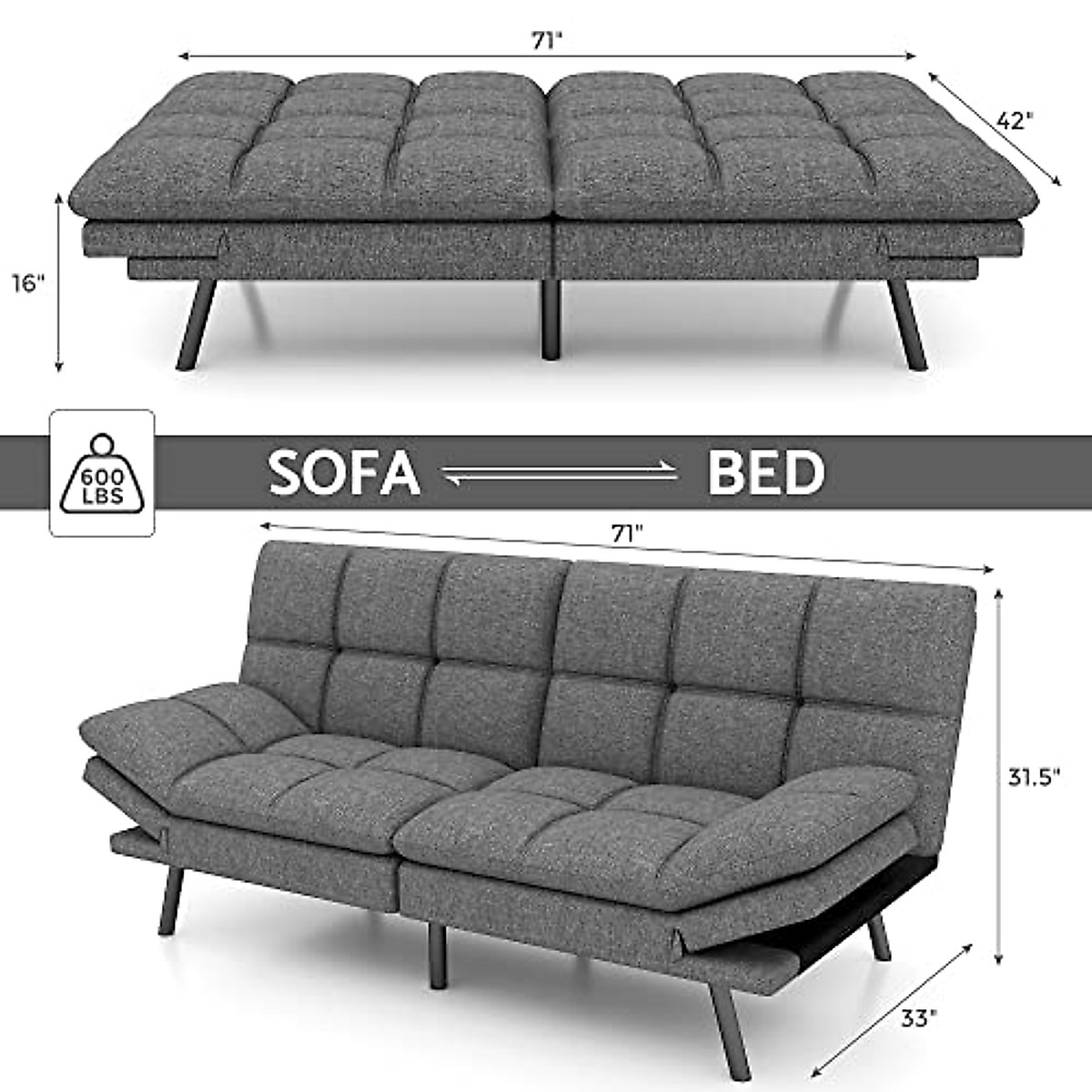 LIFERECORD Futon Bed Modern Convertible Sofa Memory Foam Daybed with Adjustable Armrests for Living Room Apartment Dorm, Graphite Grey