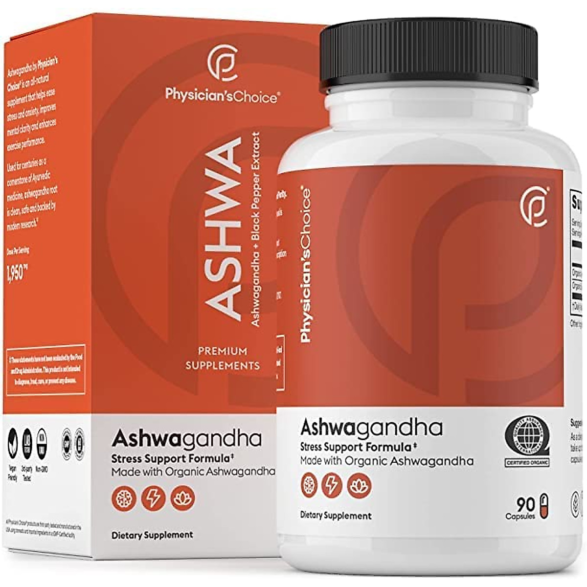 Physician's CHOICE Organic Ashwagandha 1950mg w/ Black Pepper Extract for Enhanced Absorption - Stress Support - Mood Support - Wellbeing Supplement, 90 Veggie Ashwagandha Root Powder Capsules