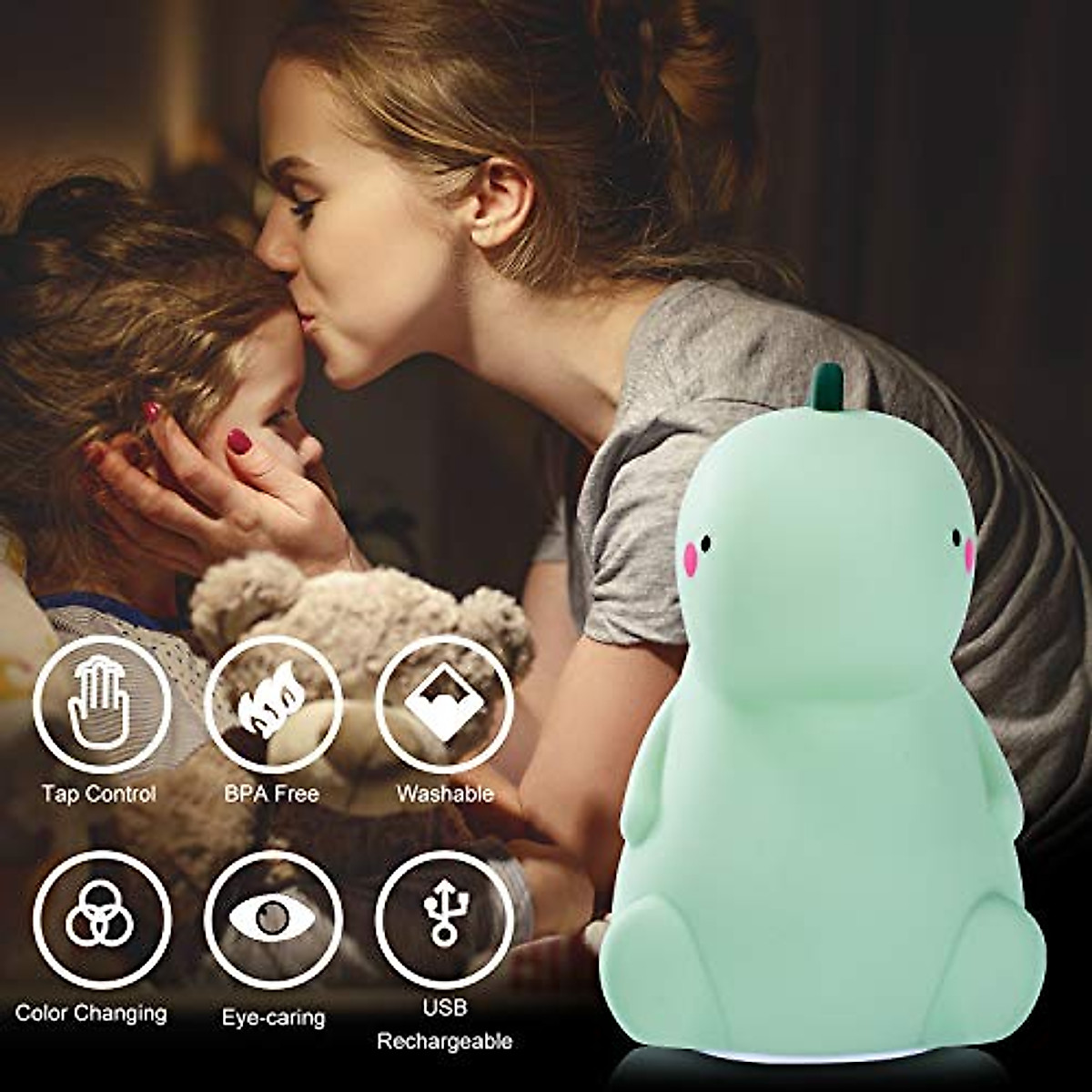 ILUBUTO Dinosaur Night Light for Kids, Cute Lamp Silicone Baby Night Light, Color Changing LED Silicone Night Light with Touch Sensor, Gifts for Kids/Children/Toddler/Girls/Boys (Green)