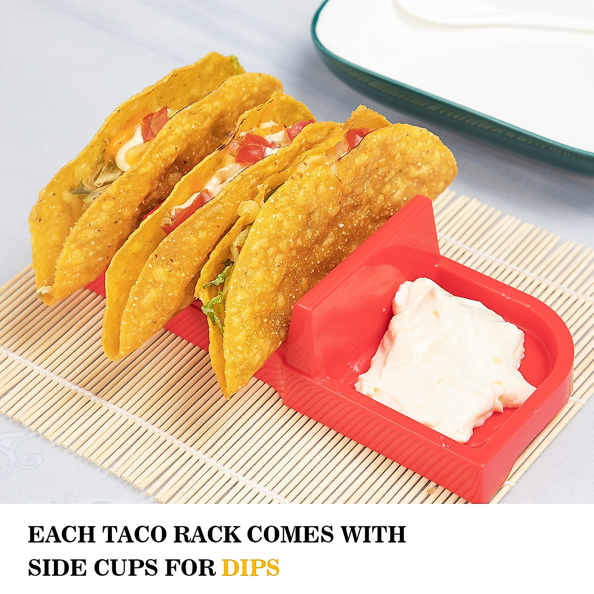 SUICGYU Taco Holders Set of 4,Taco Plates with Dividers for Taco Night Party,Colorful Taco Rack for Tortilla,Burritos, Nachos, Fajitas(Red)
