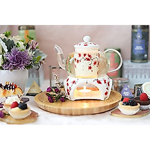 Teabloom Petite Cherry Blossom Teapot & Flowering Tea Gift Set - Glass Teapot (27 OZ / 2-3 Cups), Porcelain Lid, Loose Tea Infuser, Tea Warmer + Candle, 2 Flowering Teas