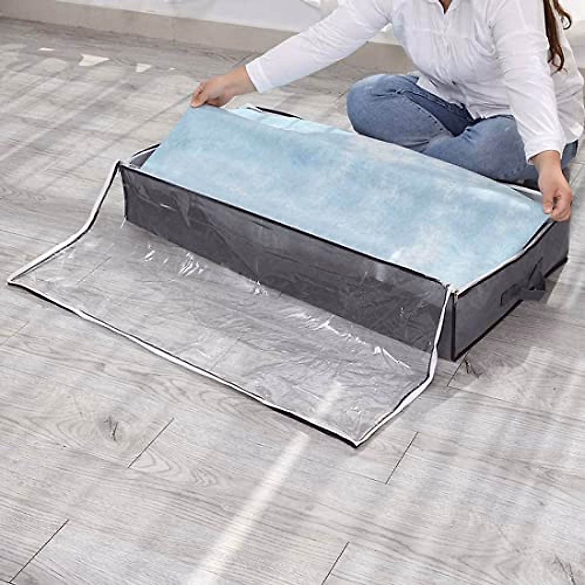 DinQ 2 Pack Queen Under Bed Storage Box with Clear Window, Zip Cover and Reinforced Handles for Clothing, Pillows, Quilts, Quilts, Blankets and Toys - Grey (2 Pack)