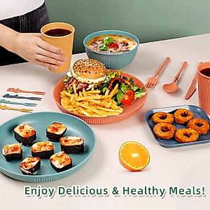 62PCS Wheat Straw Dinnerware Sets for 4, Reusable Unbreakable Dinnerware Set for Kids Adults, Microwave Safe, Lightweight Camping Plates Cups and Bowls Set for Dorm Kitchen Picnic Rv Dishes