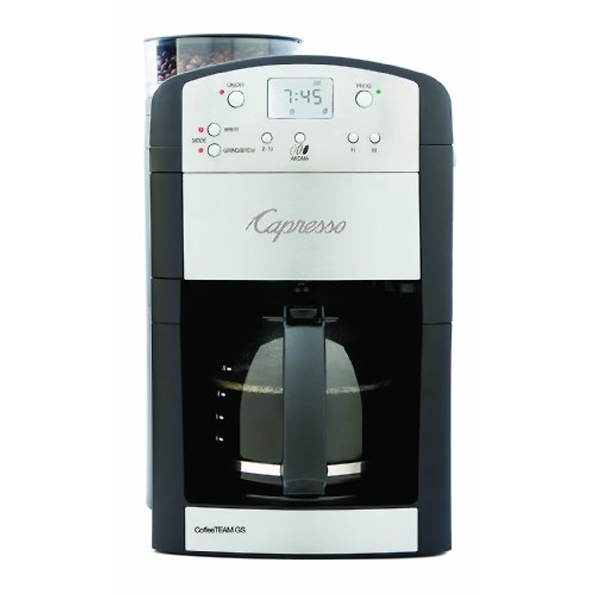 Capresso 464.05 CoffeeTeam GS 10-Cup Digital Coffeemaker with Conical Burr Grinder, Glass Carafe , Black , 15.5" x 9.5 "x 9.75"