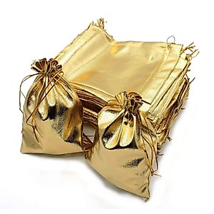 Wudygirl 100pcs Drawstring Pouches Bags 5 x 7 Inch Jewelry Watches Earrings Bracelets Lipstick Baby Shower Party Wedding Favor Cookies Candy Bags (Gold)