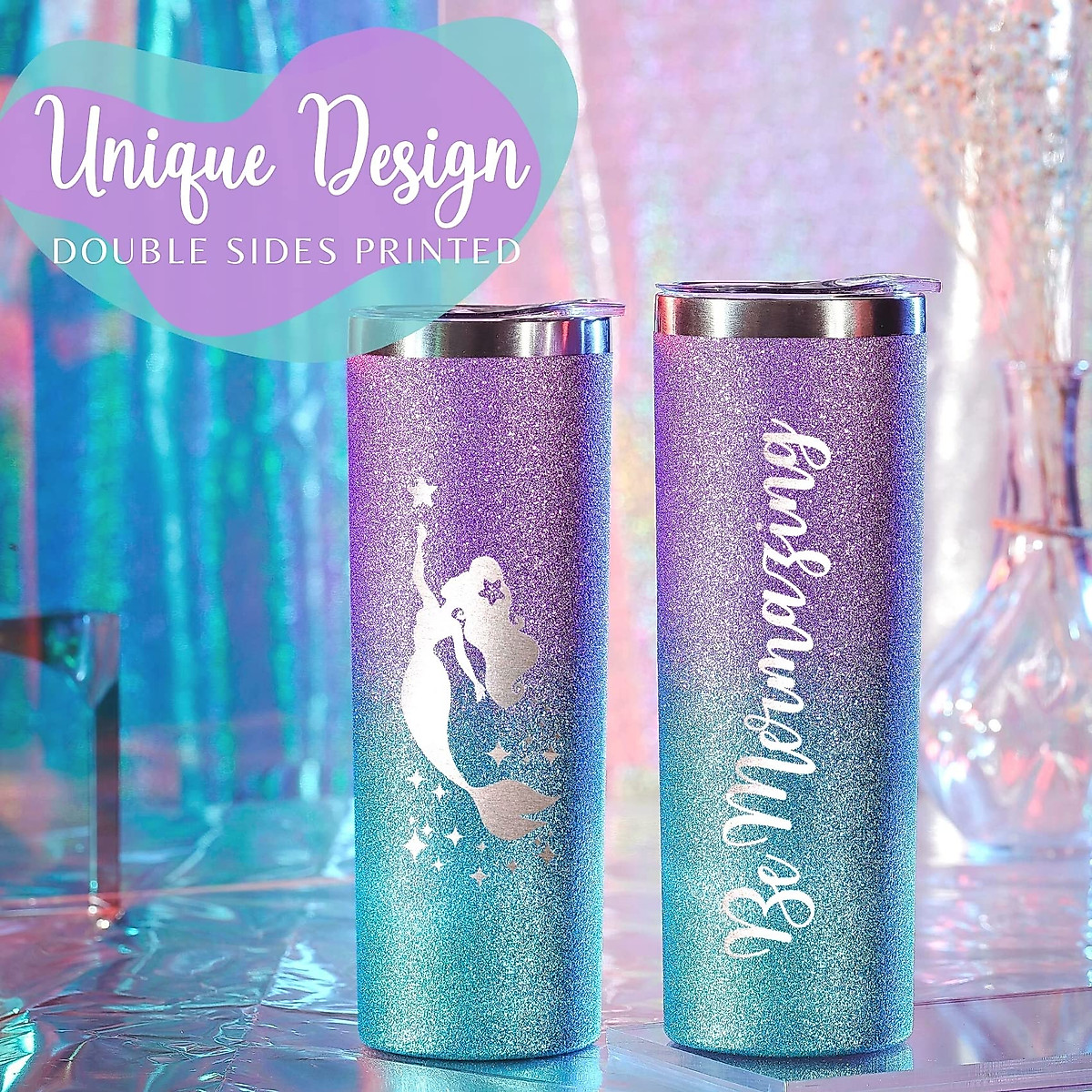 Onebttl Mermaid Gifts for Girls & Women - 20oz/590ml Stainless Steel Insulated Tumbler with Straw & Lid, Message Card - Be Mermazing (Glitter Purple)