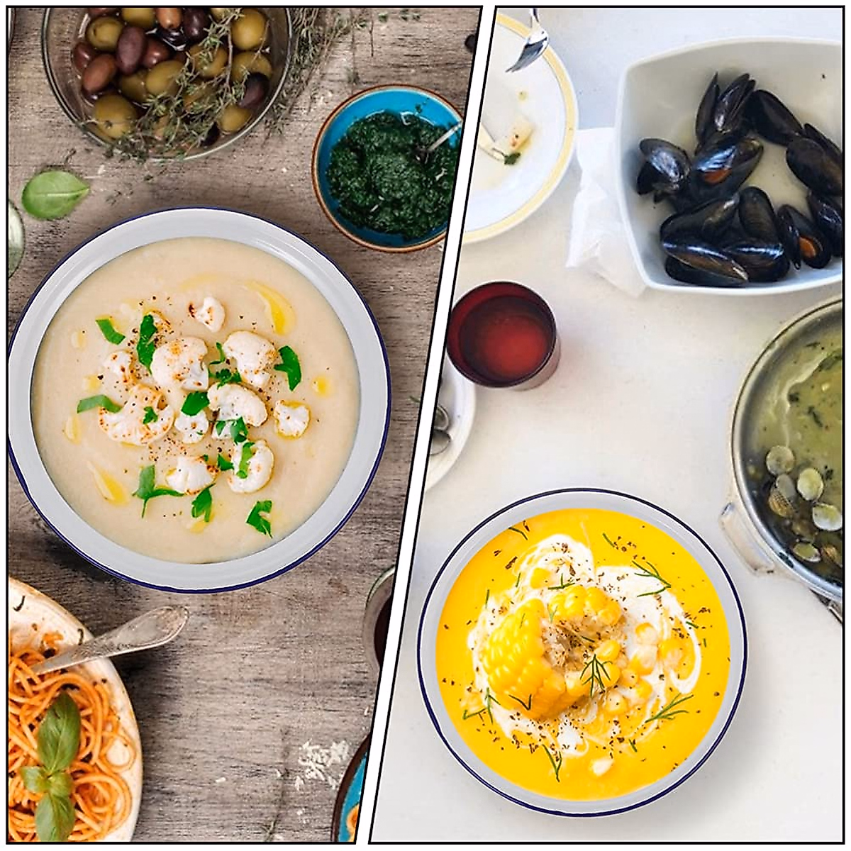 2Pcs Enamel Soup Bowl Vintage Enameled Basin Retro Enameled Bowl Enamel Mixing Bowl Enamelware Salad Serving Bowl Ramen Basin