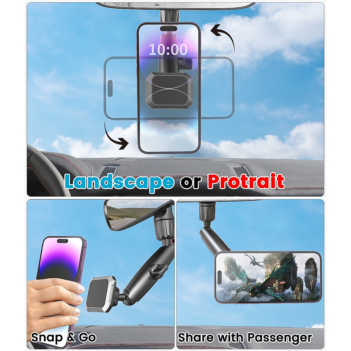 APPS2Car Magnetic Phone Car Mount Rear View Mirror Phone Holder for Car Long Arm Low Profile Strong Magnets Adjustable Angles & Heights for All Cell Phones, iPhone Fits 16-22mm Round Mirror Neck