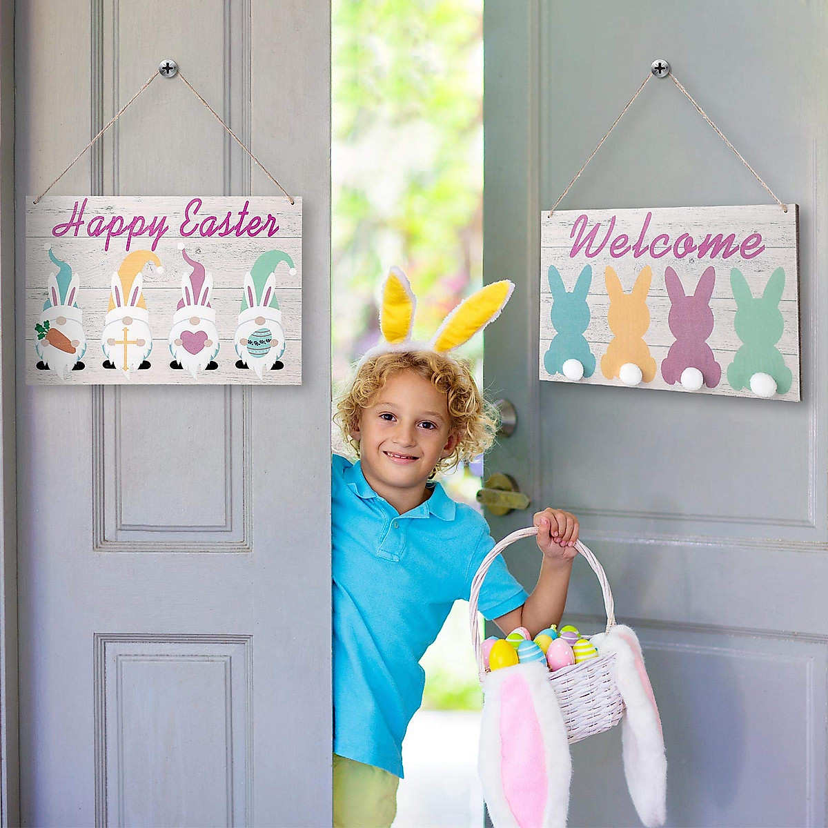 2 Pieces Happy Easter Wooden Sign Easter Hanging Wood Decor Easter Welcome Door Sign Gnome Bunny Eggs Wood Easter Decorations for Home Garden Spring Party, 12 x 7.8 Inch