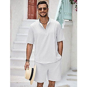 COOFANDY 2 Pieces Linen Outfits For Men White Short Sleeve Henley Shirt and Shorts Summer Beach Yoga Matching Sets