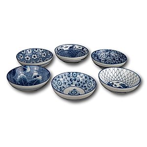 Porcelain Chinese Japanese Bowl Sets with Free 6 Porcelain Spoons, Set of 6