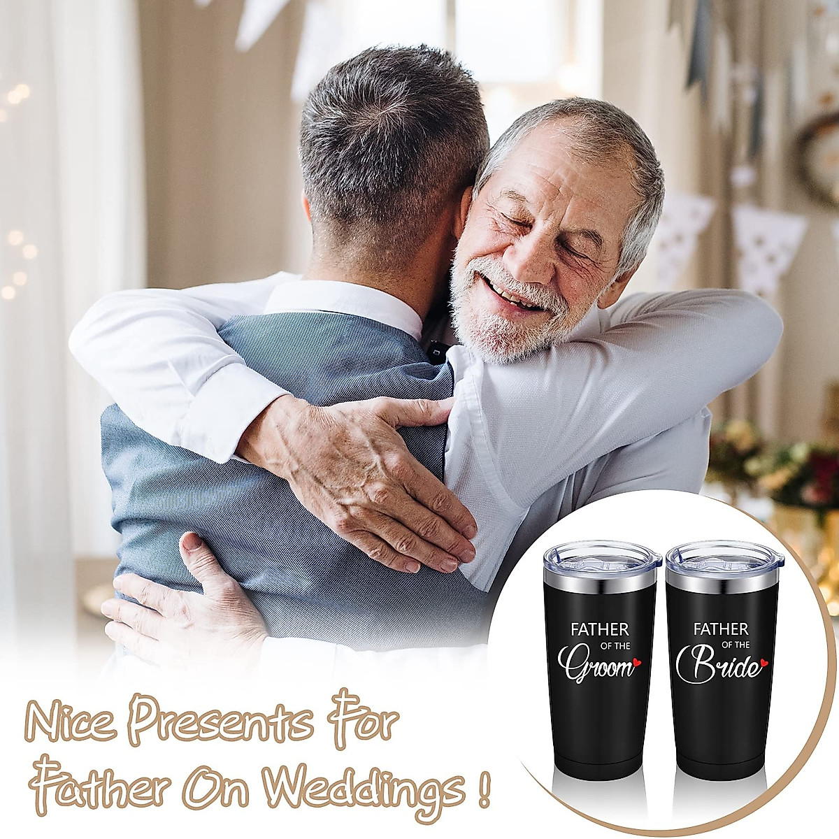 2 Pieces Father of the Bride Tumbler 20 oz Engraved Father of the Groom Travel Mug Father of the Bride Wedding Gifts Black Insulated Tumbler with Lid Straws Brushes for Wedding Rehearsal Party