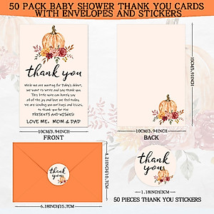 Cholemy 50 Set Fall Baby Shower Thank You Cards Bulk Autumn Leaves Pumpkin Thank You Note Cards with Envelopes Stickers Thanksgiving Blank Greeting Cards for Wedding Baby Shower