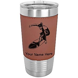 LaserGram 20oz Vacuum Insulated Tumbler Mug, Surfer Man, Personalized Engraving Included (Faux Leather, Dark Brown)