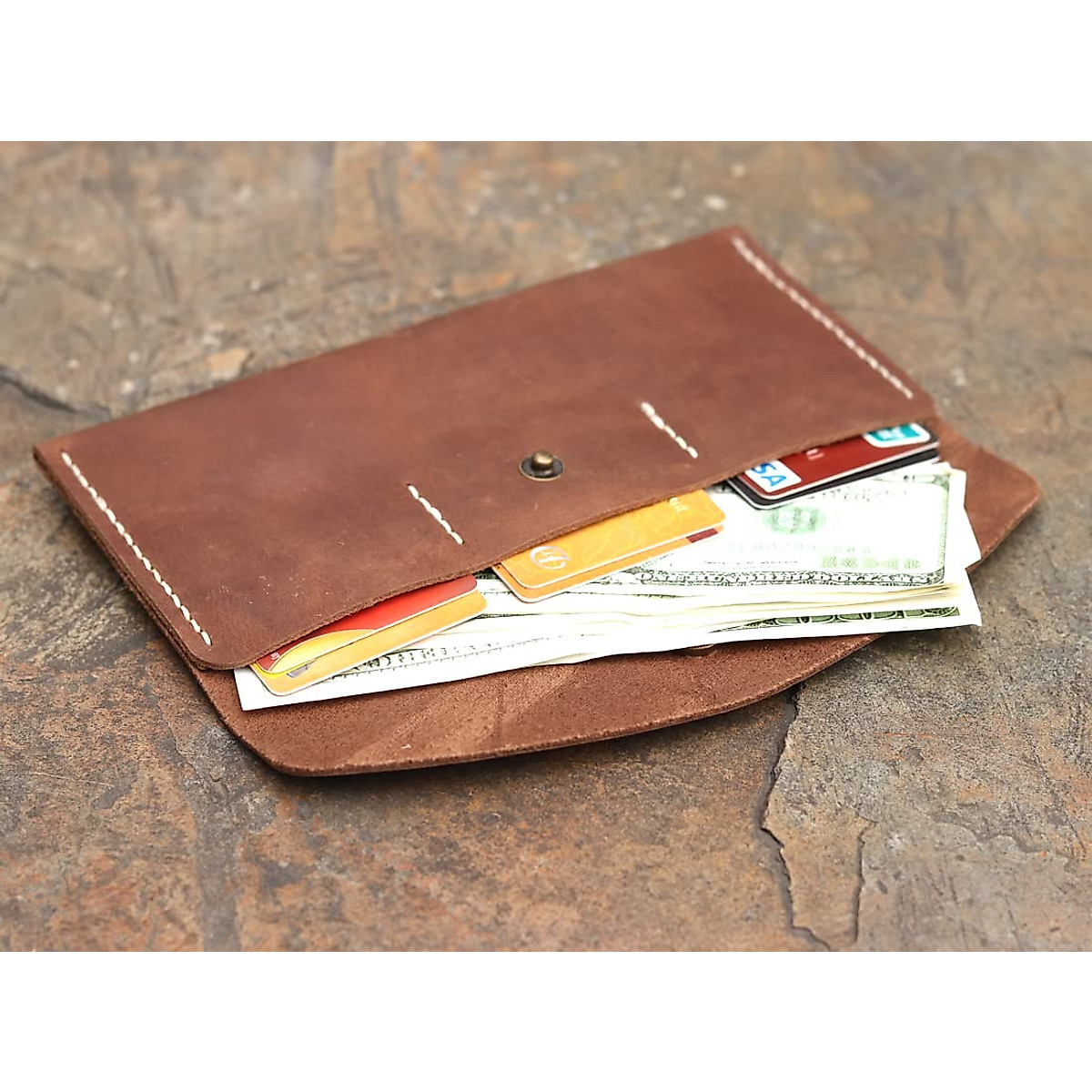 Handmade Leather Wallet with Card Slots, Coin Pocket, Large Capacity Long Envelope Wallet Tan Brown