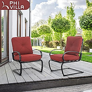 PHI VILLA 5 Pcs Patio Dining Table and Chair Set, 4 pcs C-Spring Relaxing Cushioned Sofa Chairs & 1 Sqaure 37"x 37" Outdoor Table with 1.57" Umbrella Hole, Patio Furniture for Garden Red Cushion