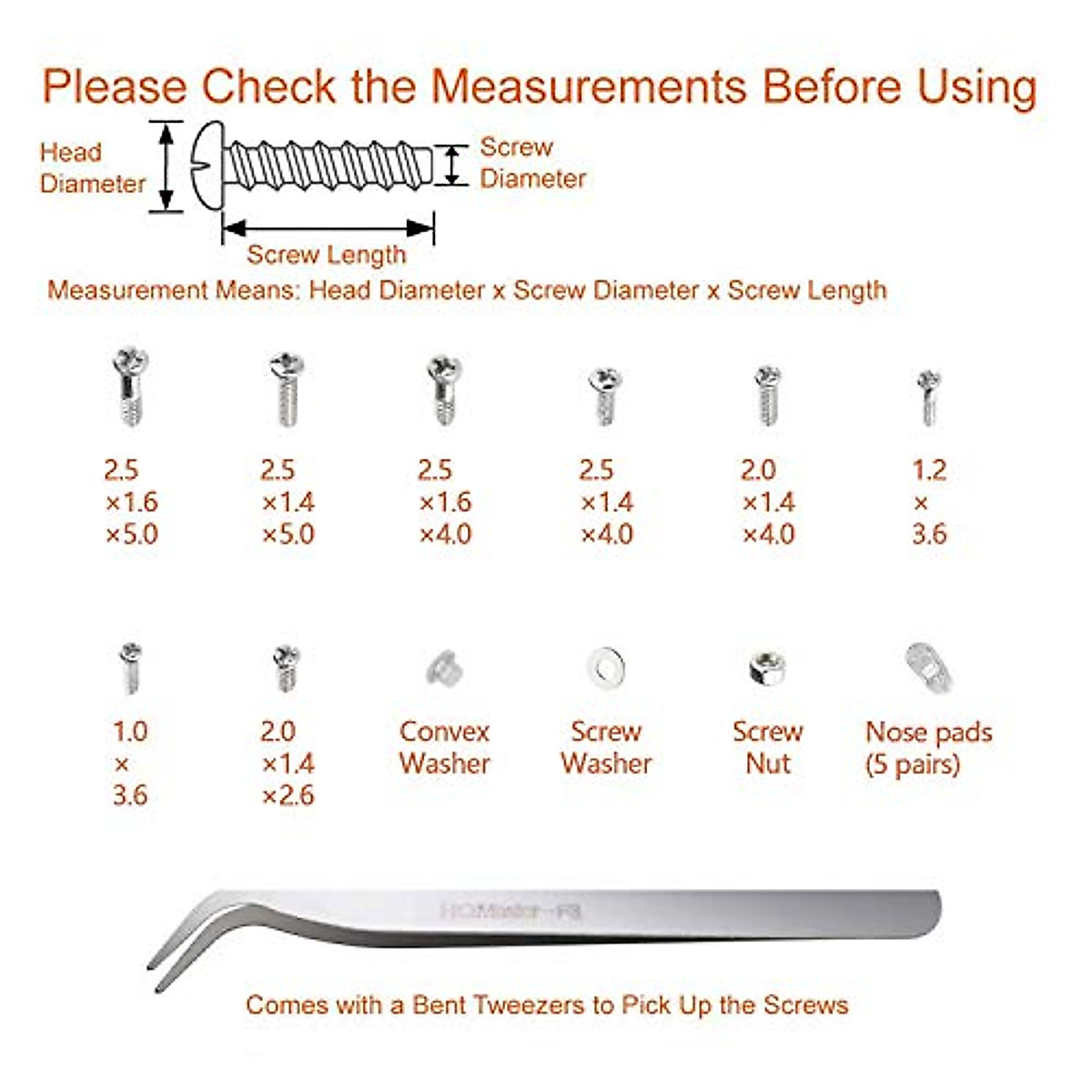 HQMaster 1100Pcs Eyeglass Glasses Spectacles Tiny Screws Nut Washer Assortment + 5 Pairs Nose Pads Repair Tool Kit Set with Tweezer Micro Screwdriver (Rectangular Case)