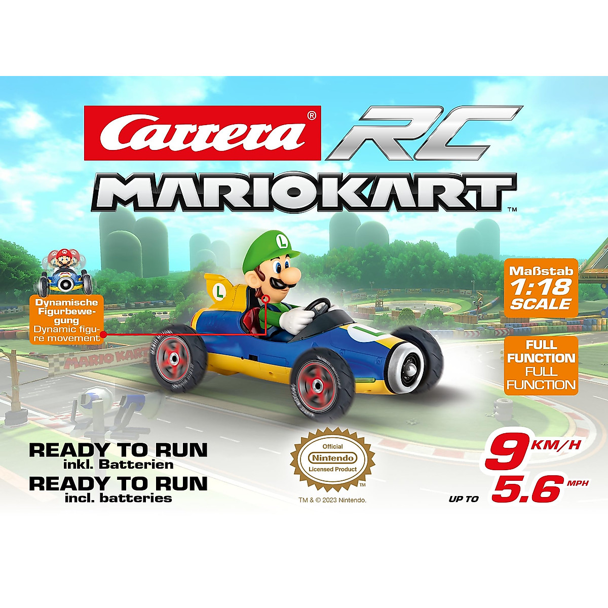 Carrera RC Official Licensed Mario Kart Mach 8 Luigi 1: 18 Scale 2.4 Ghz Remote Radio Control Car with Rechargeable Lifepo4 Battery - Kids Toys Boys/Girls, (Model: 181067)