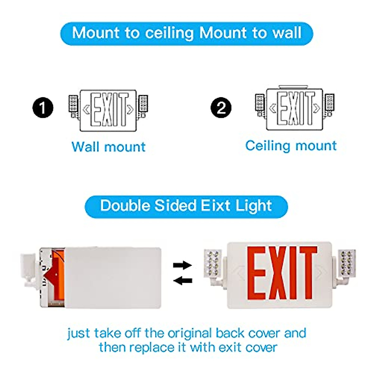 EXITLUX 4 Packs Red Exit Sign-120-277V Double Face UL Listed-LED Combo Emergency Light with Adjustable Two Head and Backup Battery-Exit Sign for Business.