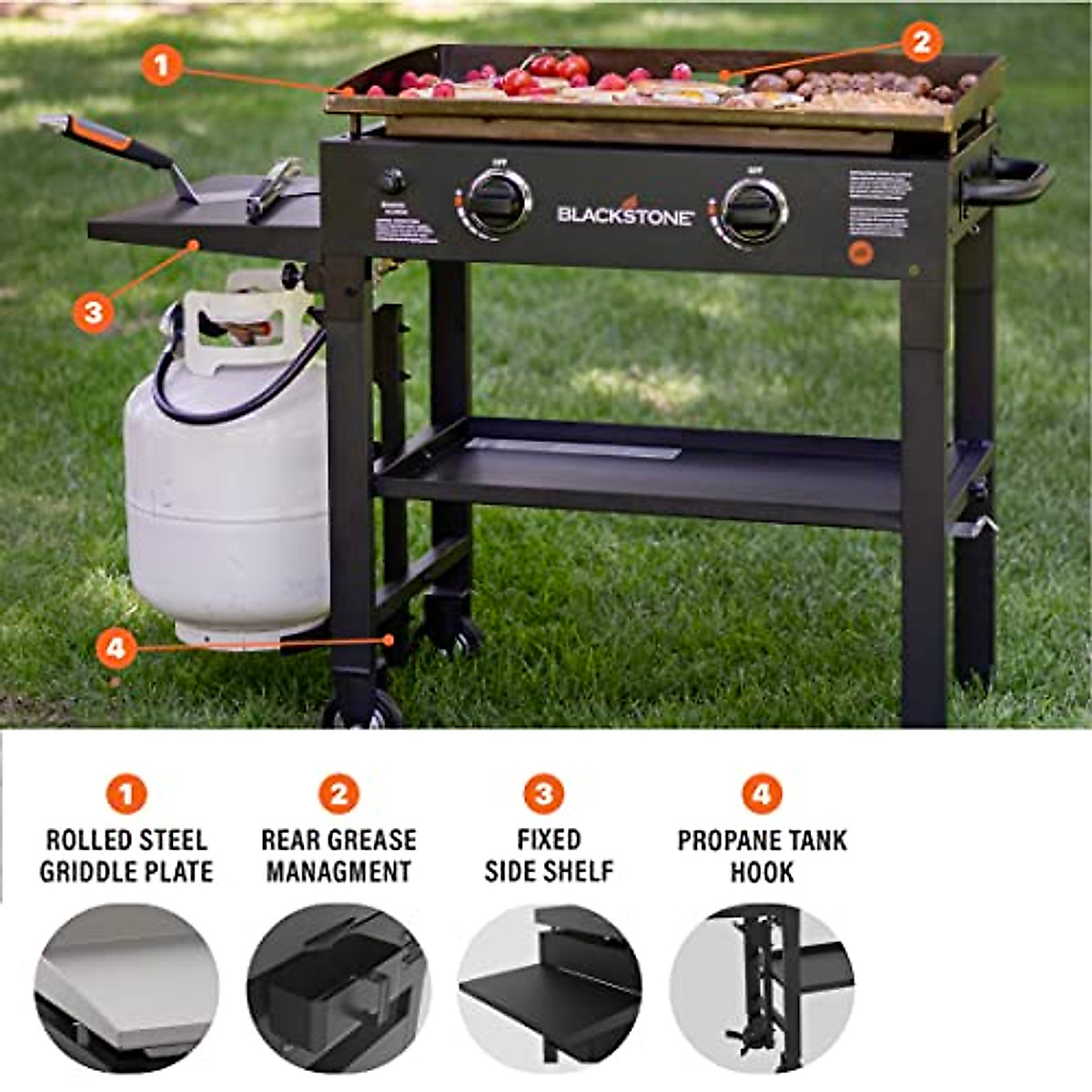 Blackstone Flat Top Gas Grill Griddle 2 Burner Propane Fuelled Rear Grease Management System, 1517, Outdoor Griddle Station for Camping, 28 inch