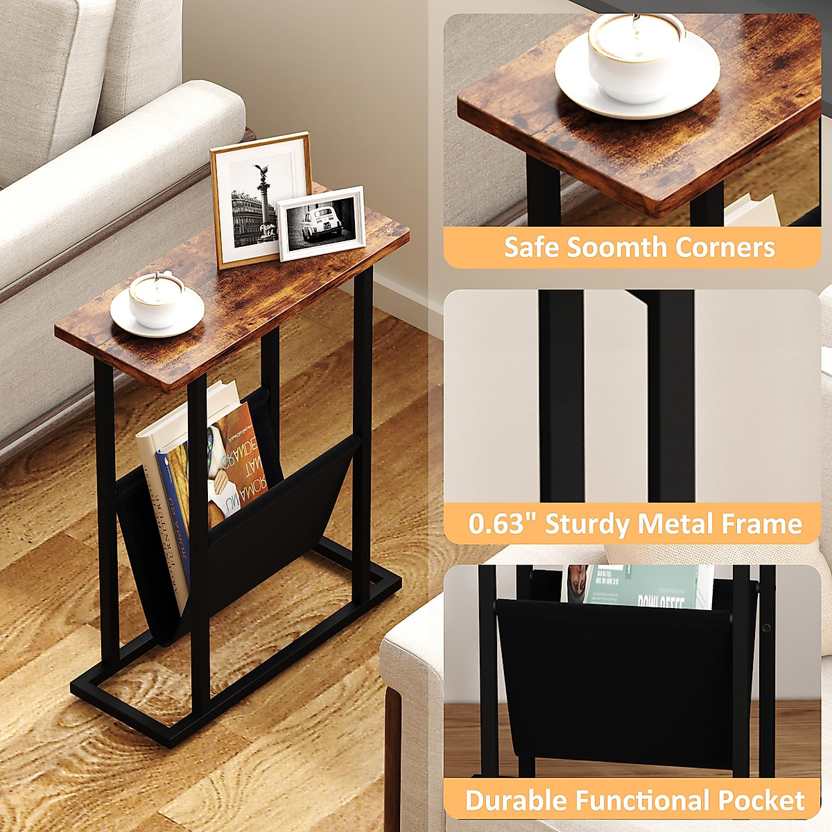 Narrow Side Table for Small Spaces, Small End Table with Magazine Holder Table, Skinny Slim Little Thin Table for Living Room, Bedroom, Sofa, Rustic Brown