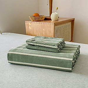 JELLYMONI Bedding Duvet Cover Twin Size - 100% Washed Cotton Linen Like Textured Striped Comforter Cover, 3 Pieces Breathable Soft Bedding Set with Button Closure (Green&White Stripe, Twin 68"x90")