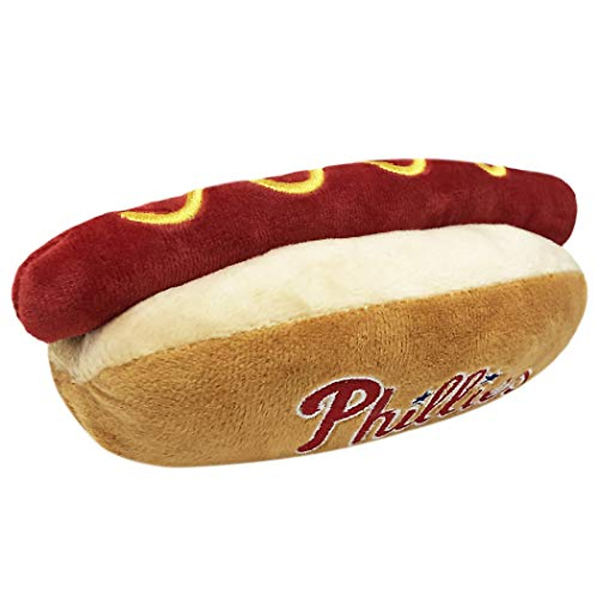 Pets First MLB Philadelphia Phillies HOT Dog Toy - Cutest Plush Toy for Dogs & Cats with 2 Inner SQUEAKERS & Premium Embroidery of Baseball Team Name/Logo, Team Color, Medium (PHP-3354)