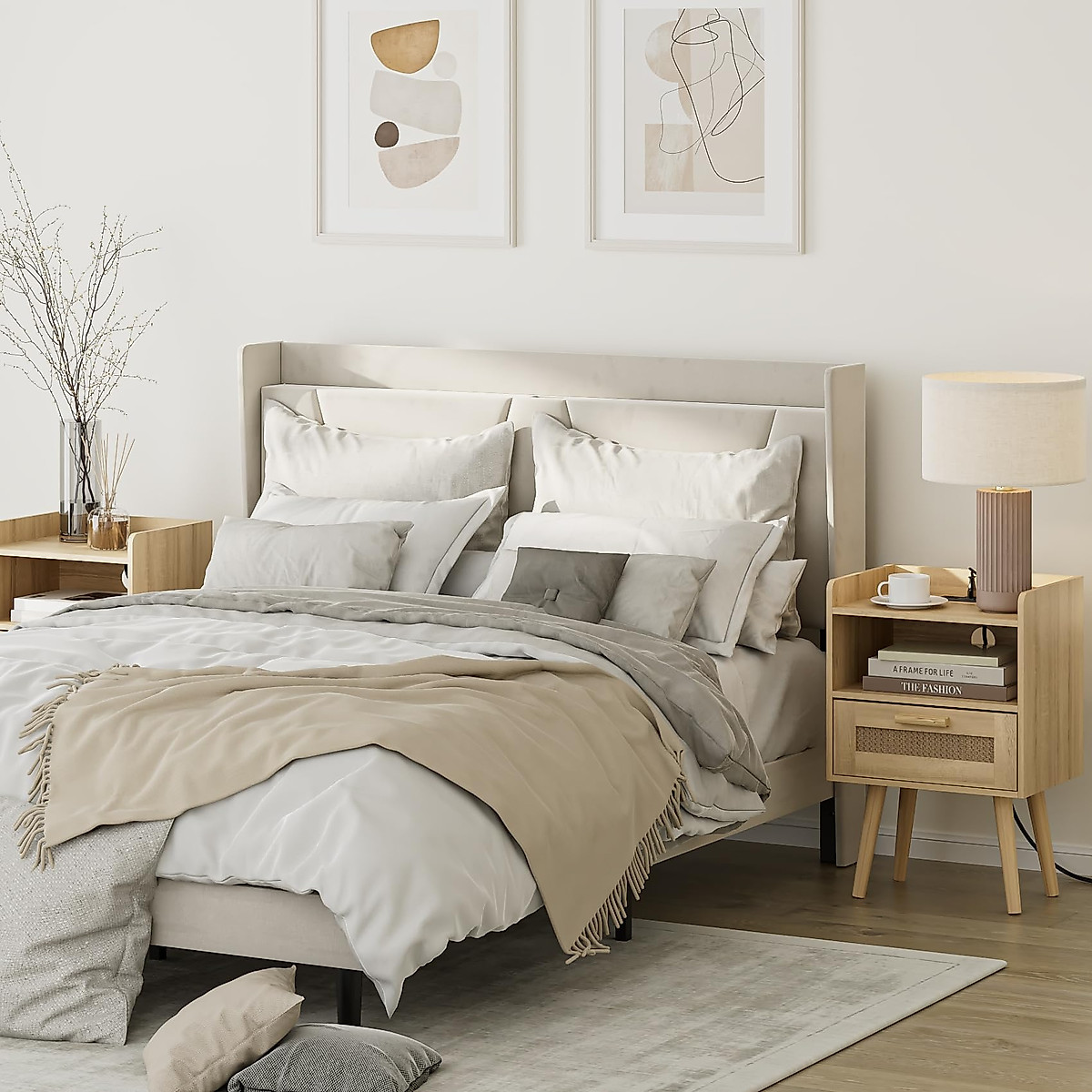 Masupu Nightstand Set of 2, Rattan Nightstand not Charged and Rattan Edge Bedside Table Bundled Products