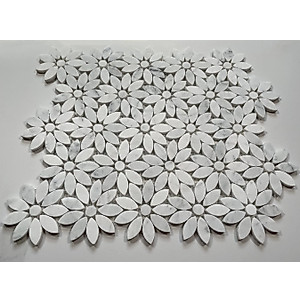 Stone Center Online Carrara White Marble Daisy Flower Pattern Mosaic Tile Honed Kitchen Bath Wall Floor Backsplash Shower (1 Sheet)