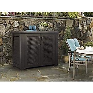 Rubbermaid Extra Large Decorative Patio Storage Cabinet, Weather Resistant, 123 Gal., Dark Teakwood, for Garden/Backyard/Home/Pool