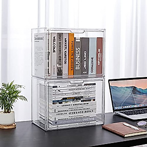 FABROK 2Pcs Clear Book Storage Organizer Box, Plastic Stackable Book Display Case with Magnetic Door, Assemble Storage Showcase for Toy Dolls, Books, Shoes Organizing