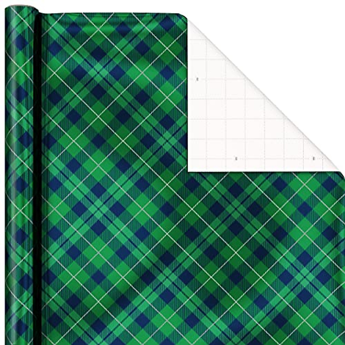 Hallmark Foil Holiday Wrapping Paper with Cut Lines on Reverse (3 Rolls: 60 sq. ft. ttl) Woodland Scene with Deer, Green and Navy Blue Plaid, Wreaths on Navy Blue