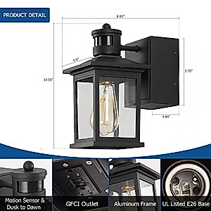 FLEDAVID Motion Sensor Outdoor Porch Light with GFCI Outlet Built in Black Exterior Wall Lantern Dusk to Dawn Outside Sconce Lighting Fixture Rustic Wall Mount Coach Lamp for House Garage Patio