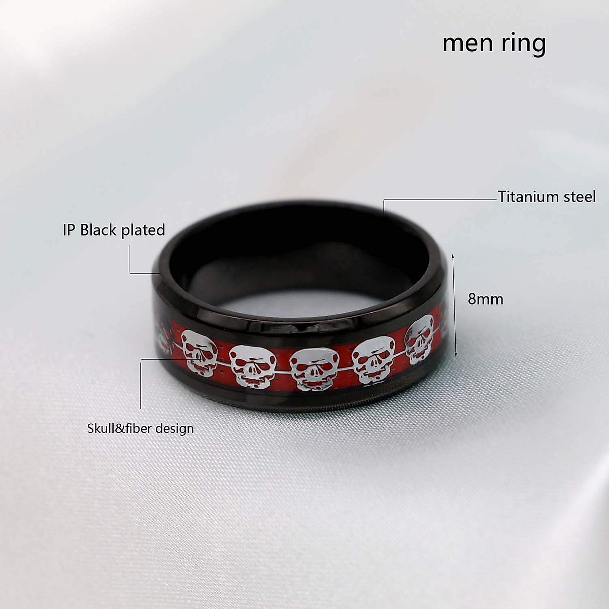 Ringcrown Couple Rings Black Plated Round Red Cz Womens Wedding Ring Sets Skull Ring Titanium Steel Man Wedding Bands（Please Buy 2 Rings for 1 Pair）