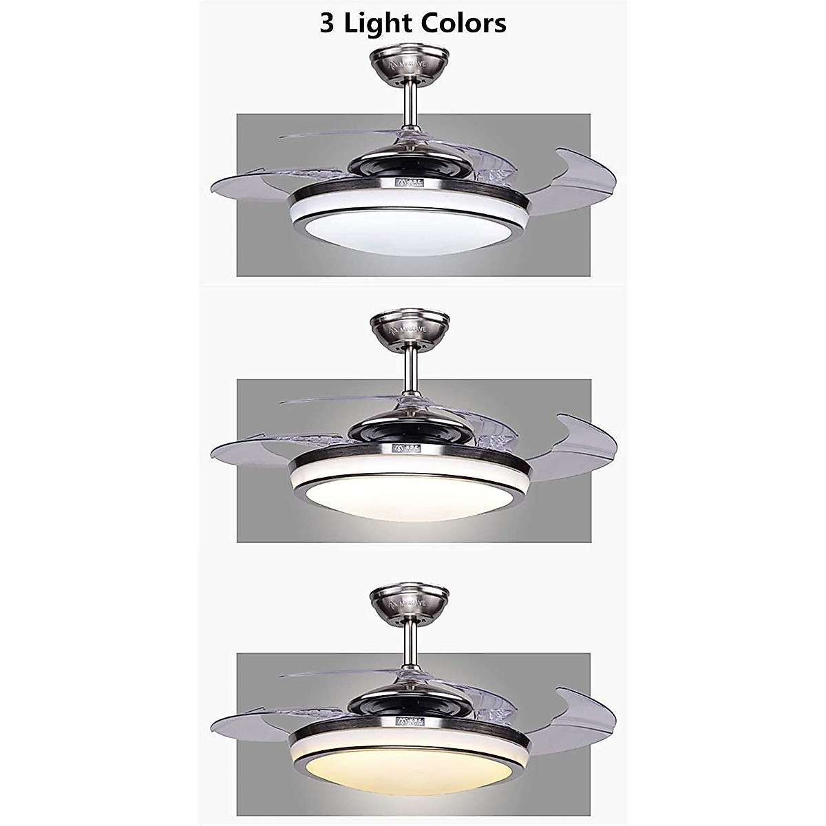 Fandian 44" Modern Ceiling Fan with Lights Remote Control Chandelier Fixture, 3 Lighting Changes Retractable Fandelier for Living Room Bedroom, Brush Chrome with Silent Motor