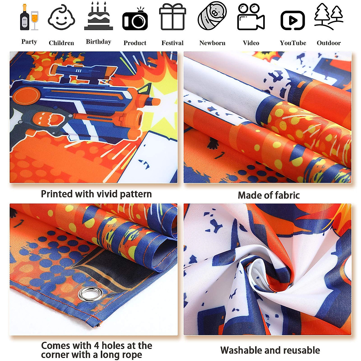 Dart Battle Party Supplies dart battle Happy Birthday Banner Horizontal Fabric Happy Birthday Yard Sign 71 x 16 Inch Blaster Battle Gun Birthday Party Decorations for Kids Boys Birthday Party