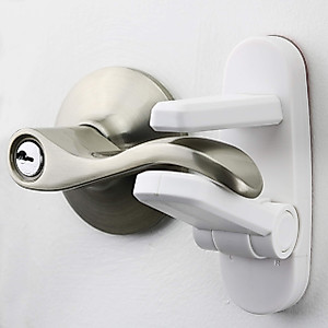 Improved Childproof Door Lever Lock (1 Pack) Prevents Toddlers from Opening Doors. Easy One Hand Operation for Adults. Durable ABS with 3M Adhesive Backing. Simple Install (White, 1-Pack)